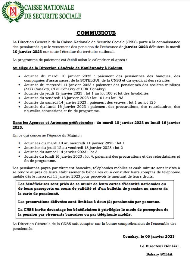 le paiement des pensions de janvier 2023 débutera mardi prochain (CNSS ...