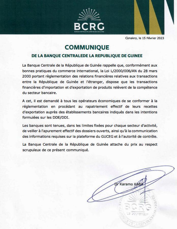 Rapatriement des devises en Guinée : le rappel de la BCRG aux opérateurs économiques (Communiqué ...