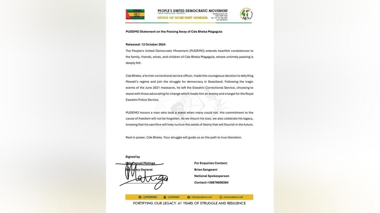 PUDEMO Sends Condolences after the Death of Ex-Warder Bheka Magagula ...